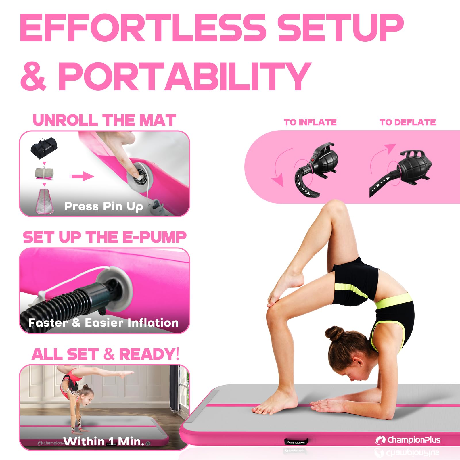 CHAMPIONPLUS 10ft 13ft 16ft 20ft Tumble Track Tumbling Mat Inflatable Gymnastics Air Mat 4/8 inches Thickness for Home Training Cheerleading Yoga with Electric Air Pump Pink 20'x3.3'x4''