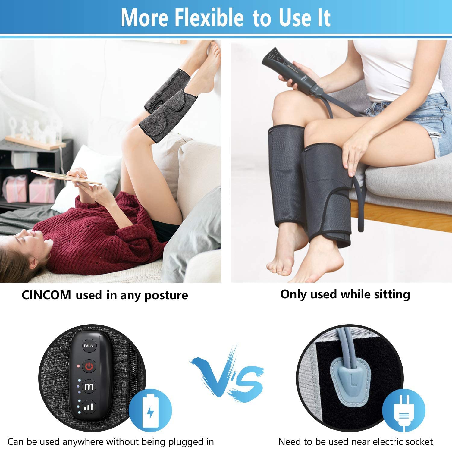 CINCOM Cordless Calf Massager for Circulation, Leg Compression Massager for Calf, Rechargeable Leg Massager with 3 Intensities 3 Modes for Pain Relief, Gifts for Women Men(Pair)
