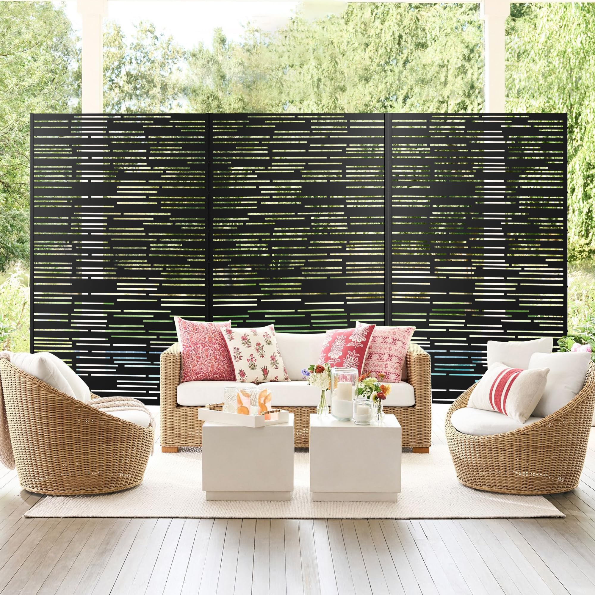 Elevens Metal Outdoor Privacy Screen, Freestanding Outdoor Divider Decorative Privacy Fence Screen,Outdoor Decorative Privacy Screens & Panels, 72" H×47" W (Black-Lines)