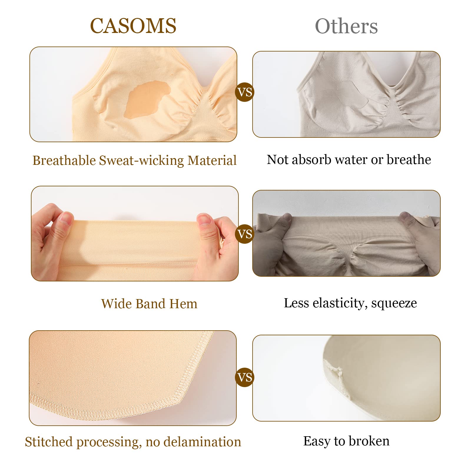CASOMS Sleep Bras, Comfort Bras for Women, Seamless, Wireless, Yoga Bras with Removable Pads 3 Pack, X-Large
