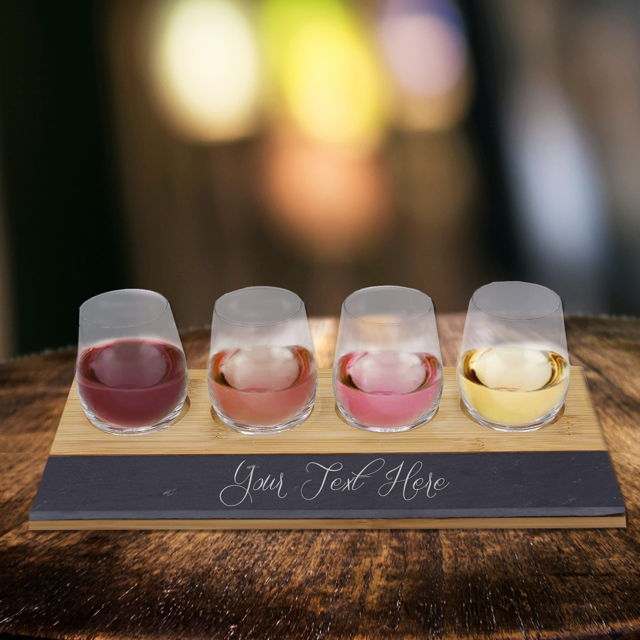 Custom Personalized Wine Flight Tasting Sampler Paddle Board and 4 Glasses Set - 12" x 6" Slate and Bamboo