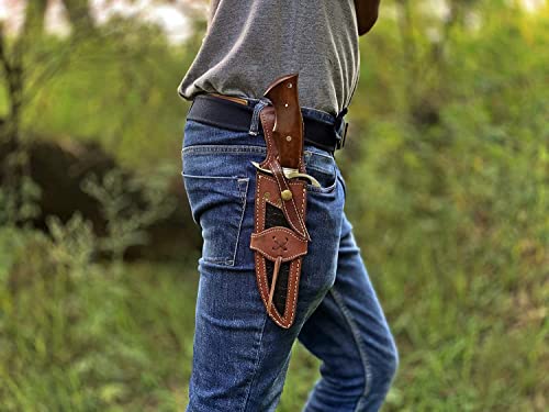 BIGCAT ROAR Handmade Damascus Hunting Knife - Bushcraft Fixed Blade Hunting Knife with Sheath and Walnut Wood Handle - 13.2″ EDC Skinning Knife - Cowboy