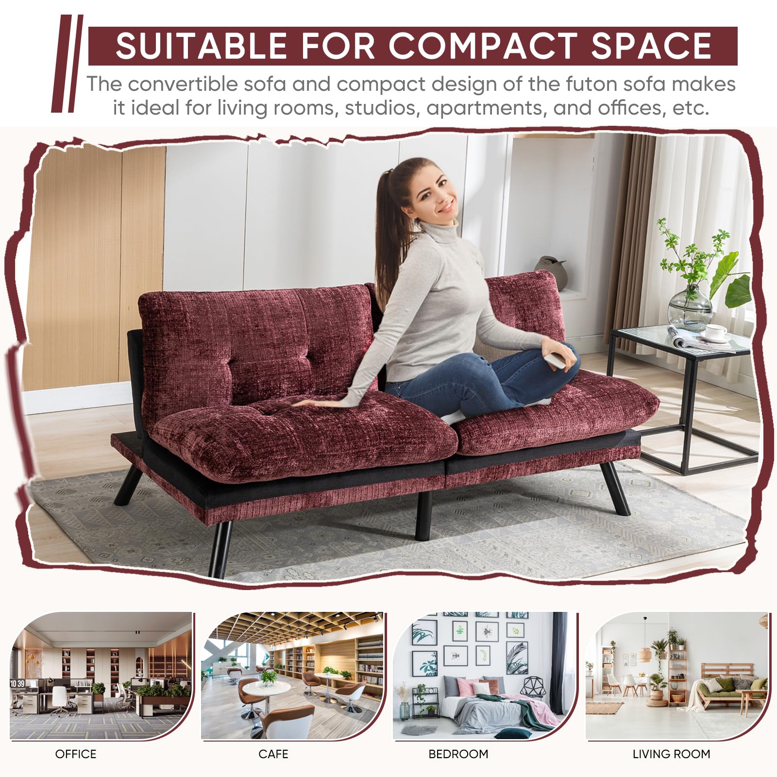 Futon Sofa Bed, Convertible Sleeper Couch Memory Foam Small Splitback Loveseat for Living Room,Modern Upholstered Love Seat with Adjustable Backrest and 6 Metal Legs,Thicker Cushion Version(Burgundy)