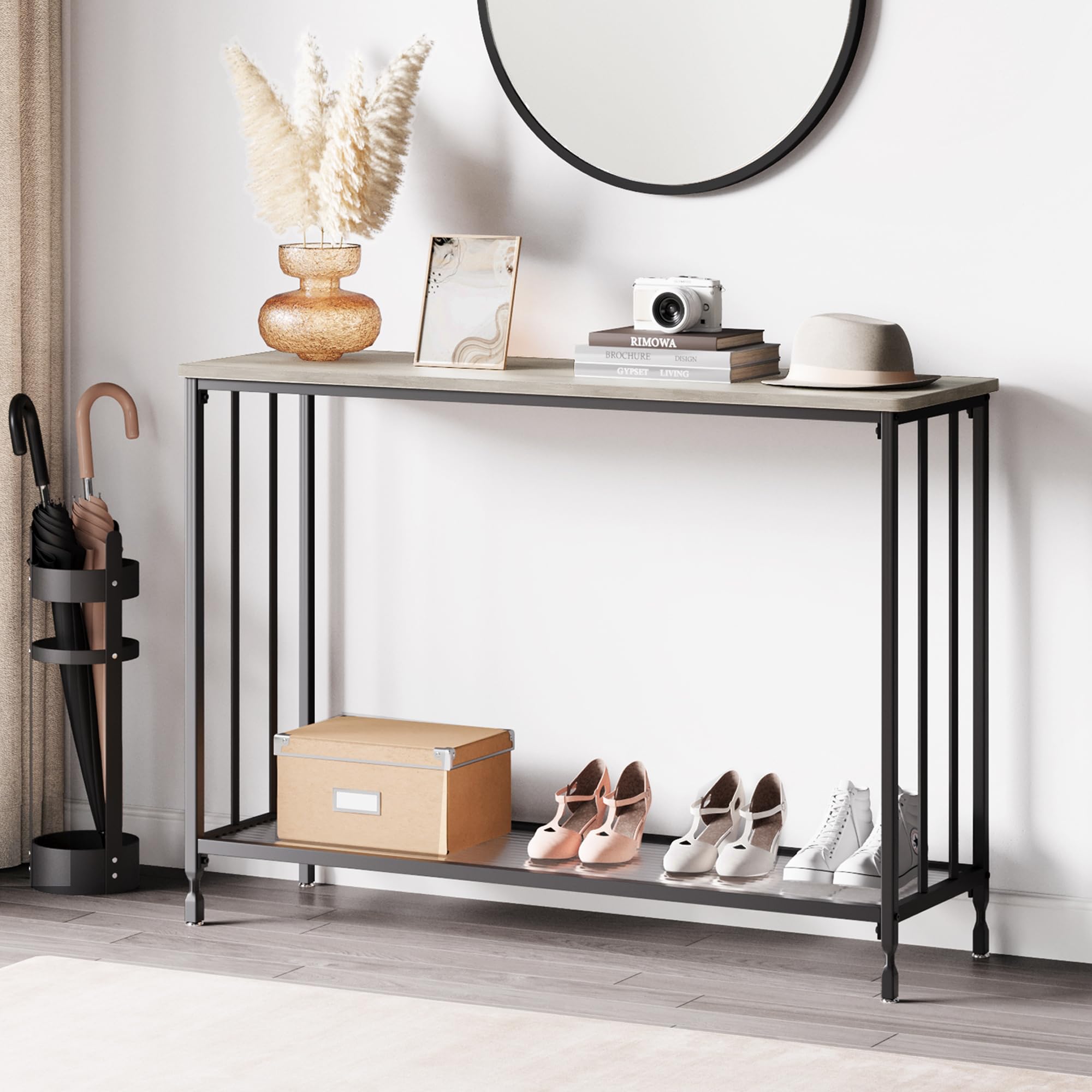 IDEALHOUSE 33.5" Narrow Console Table, Small Entryway Table with Glass Shelf and Metal Frame, Sofa Table Narrow Long Behind Couch Table, Modern Gold