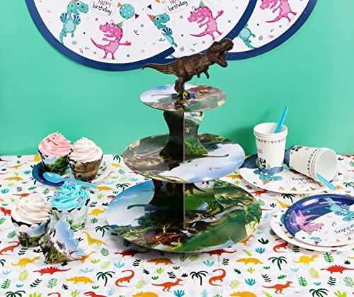 Dinosaur Cupcake Stand 3 Tier Cupcake Stand for Boys Dinosaur Birthday Party Cardboard Cupcake Stand for 24 Cupcakes