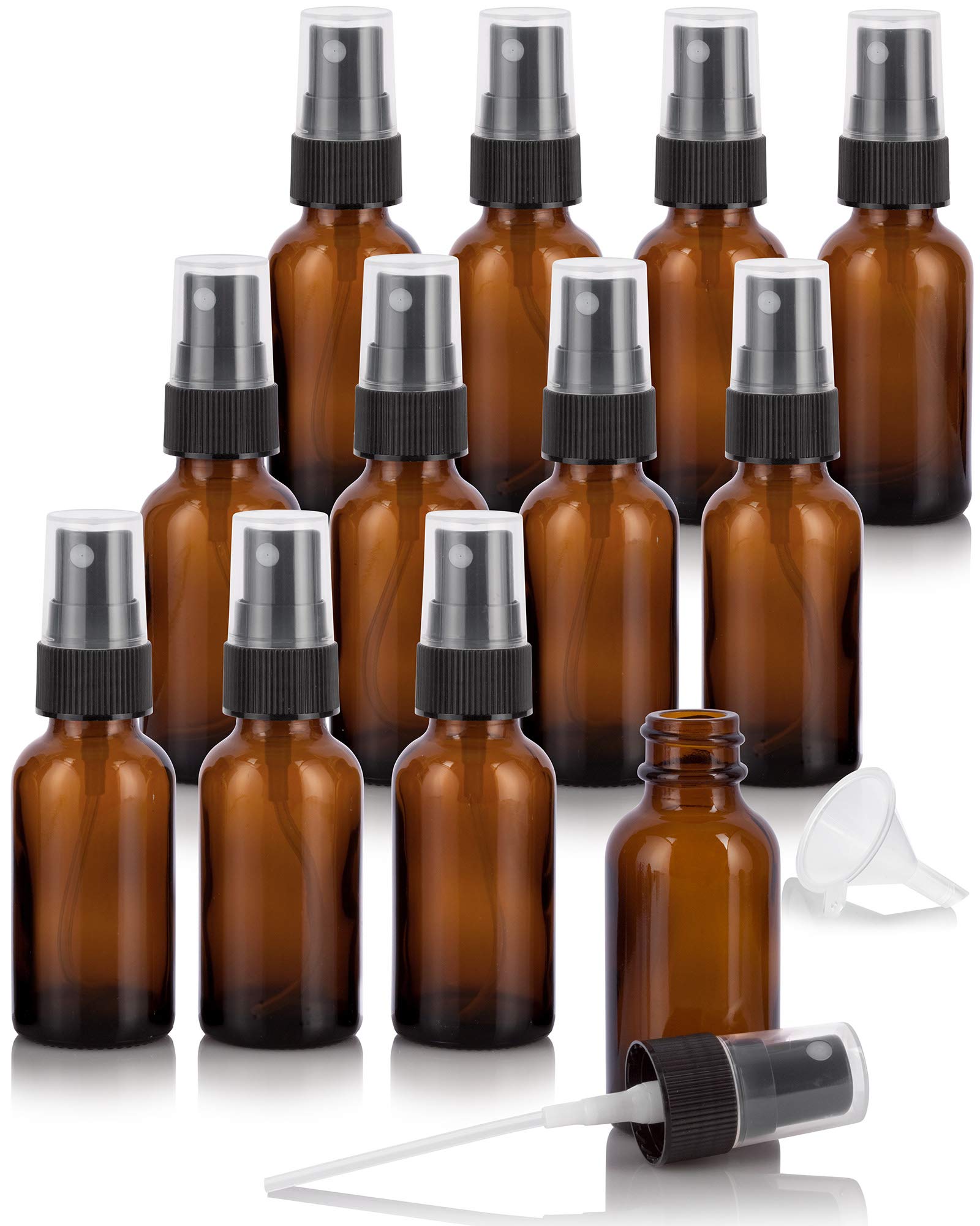 JUVITUS 1 oz Amber Glass Boston Round Bottle with Black Fine Mist Sprayer (12 pack) + Funnel