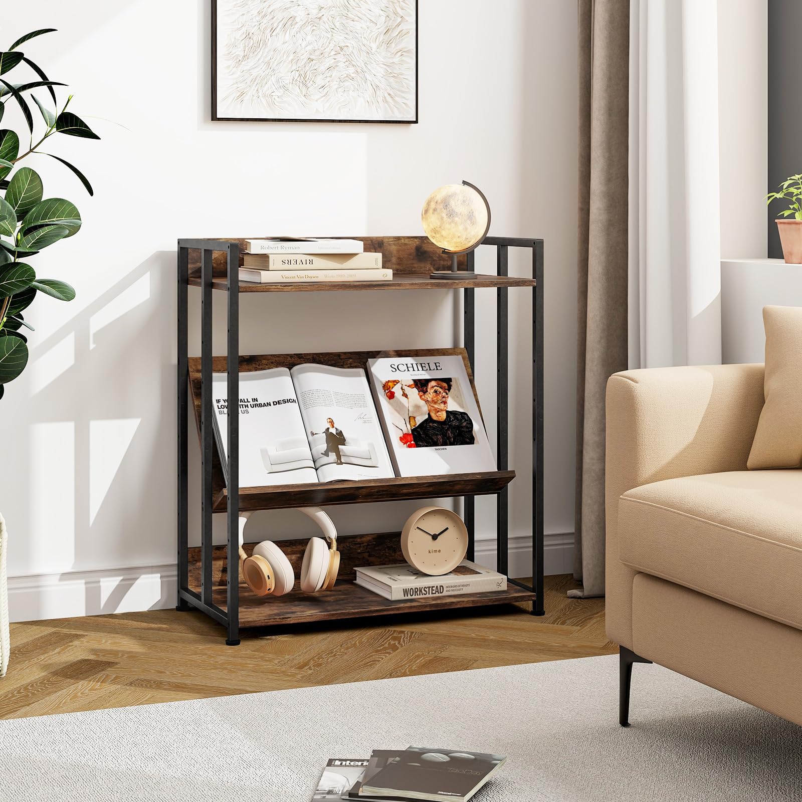 Giantex 3-Tier Bookshelf, Industrial 32" Tall Small Book Shelf with Adjustable Shelves, Adjustable Foot Pads, Anti-Toppling Device, DIY Wooden Floor Open Display Shelving, Bookcase Shelf Rack