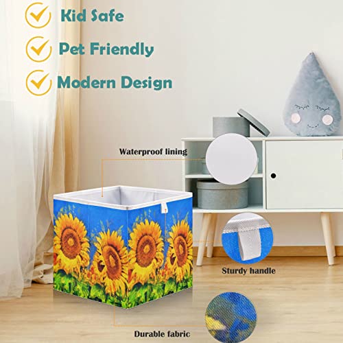 visesunny Closet Baskets Sunflowers Oil Painting Storage Bins Fabric Baskets for Organizing Shelves Foldable Storage Cube Bins for Clothes, Toys, Baby Toiletry, Office Supply