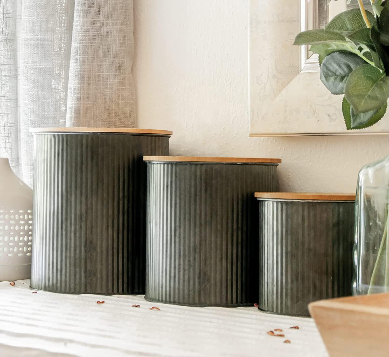 Farmhouse Kitchen Canisters for Countertop - Approx. 5, 4 & 2 Quart/Tin Canisters Sets for the Kitchen/Rustic Home Decor/Modern Farmhouse Decor (Real Hardwood)