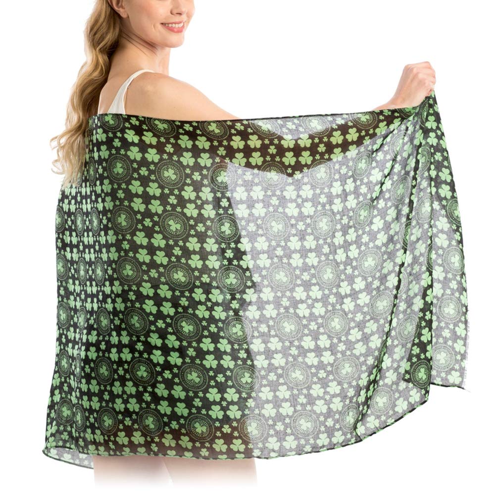 Me Plus Women St Patrick's Day Print Light Weight Long Scarf (Small Clover-Black)
