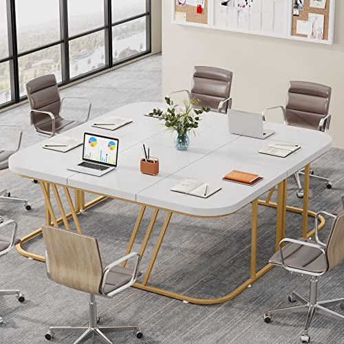 LITTLE TREE 63 inches Executive, Home Office Computer Desk Modern Glod Large Conference Table with Metal Frame, Gold & White