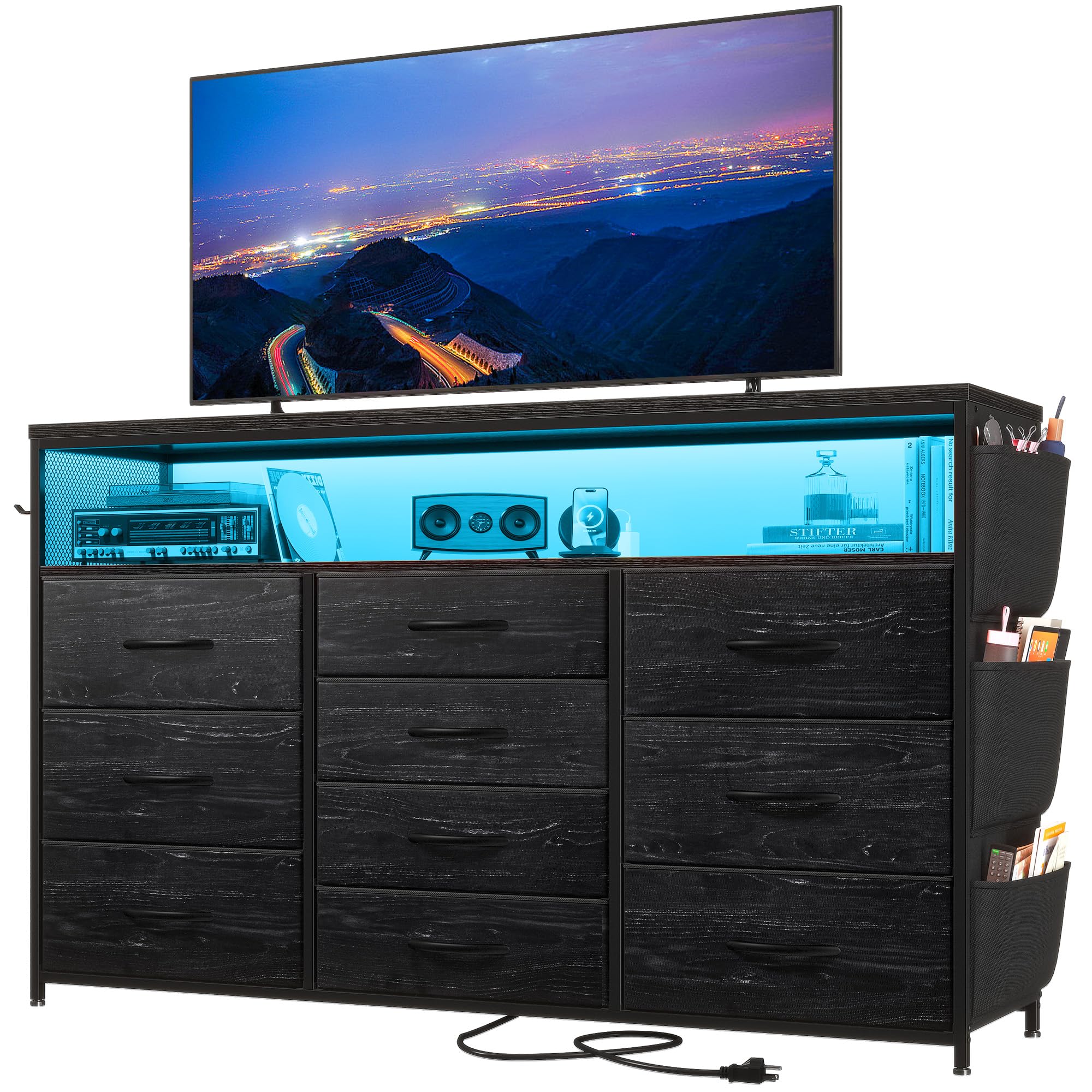 EnHomee 10 Drawer Dresser for Bedroom with Wood Open Shelves,55" TV Stand for Bedroom with Power Outlets and LED Lights,Fabric Dressers & Chest of Drawers with Side Pocket,Living Room,Closet,Black