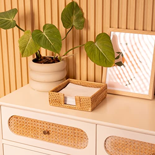 Rattan Napkin Holder Square, 7.5" x 7.5" x 2.5", Wicker Napkin Tray, Woven Guest Towel Holder for Restaurant/Kitchen/Bathroom