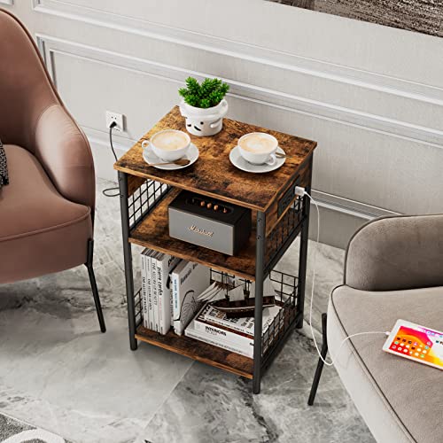 LDTTCUK Side Table with Charging Station & USB Ports,3-Tier End Table for Living Room,Study,Bedroom,Narrow Sofa Table Bedside Table with Storage Shelf,Small Nightstand,Rustic Brown