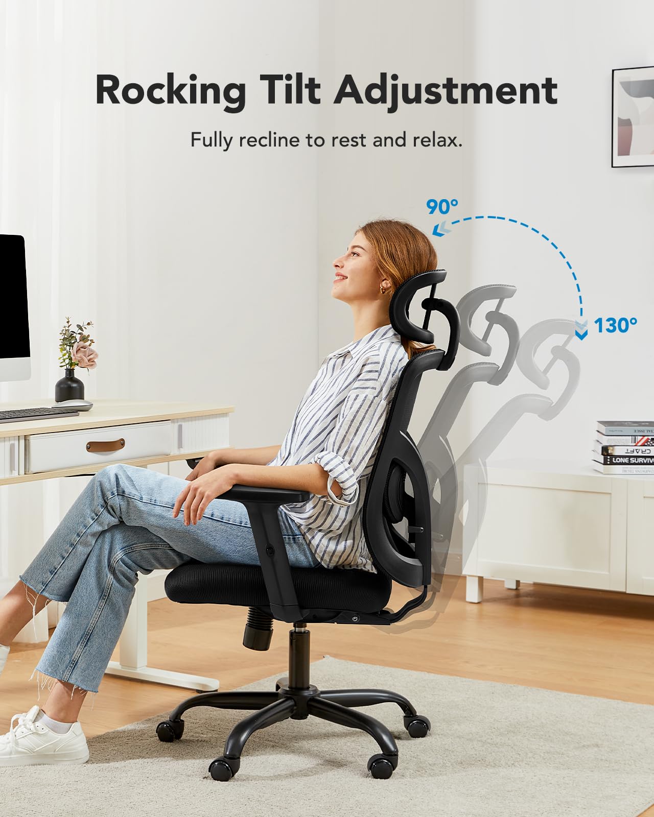 HUANUO Ergonomic Office Chair, High Back Desk Chair with S-Shaped Backrest, Adjustable Lumbar Support, Headrest, Armrest, Mesh Computer Chair with Thicker Seat Cushion and Tilt Function, Black