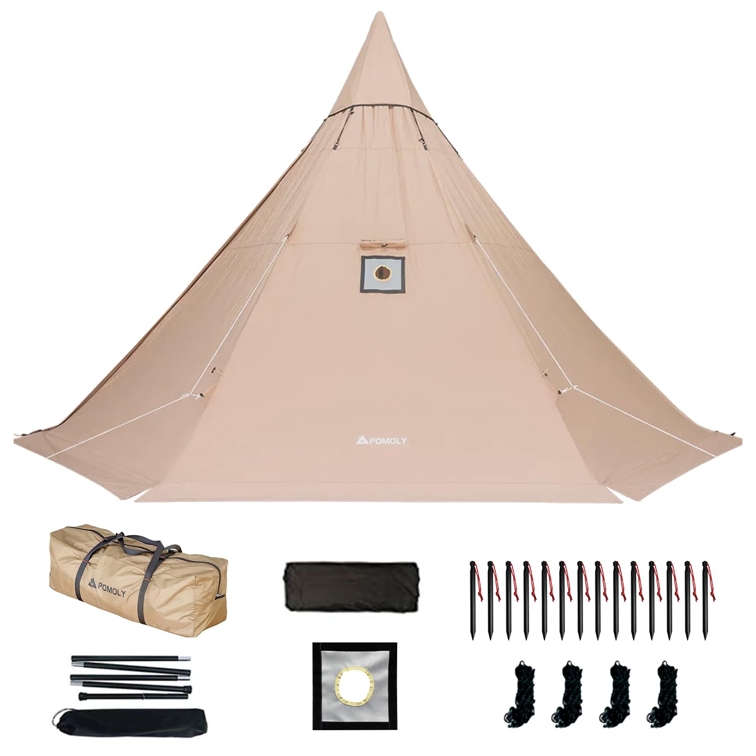 Canvas Hot Tent Tipi Tent Camping Teepee with Stove Jack Canvas Bell Tent 2-4 Person Yurt Tent -YARN Plus (Khaki)