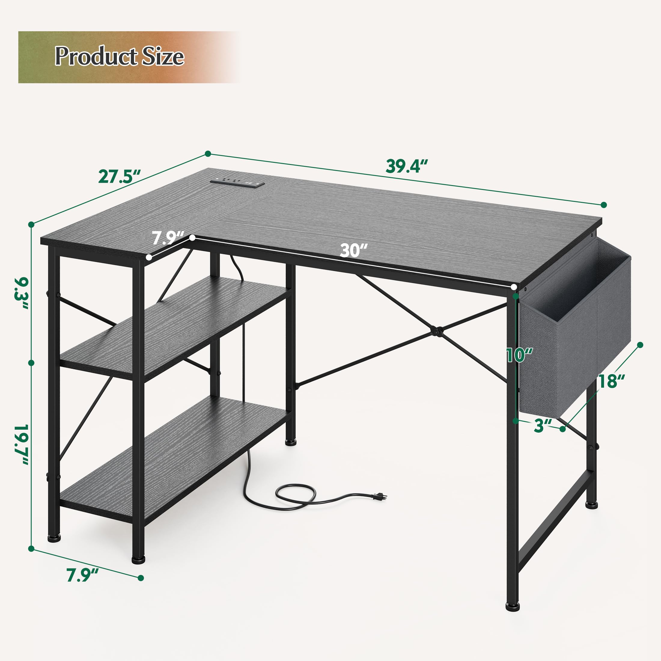EnHomee L Shaped Computer Desk with File Drawer & Power Outlet, 40" Computer Desk with Storage Bag and Reversible Shelves, Home Office Desk Corner Table for Work, Writing and Study, Black