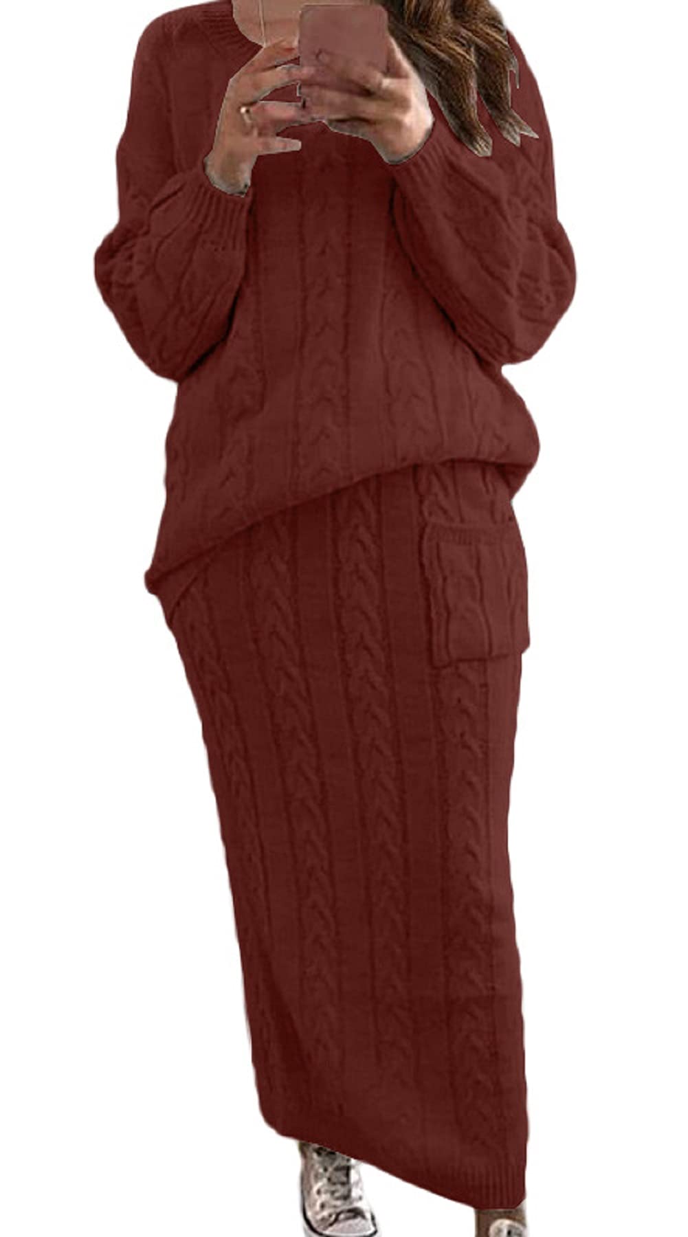 CHARTOU Women's Winter Chunky Cable Knit Long Skirt 2 Piece Outfit Sweater Sets (X-Large, Wine Red)