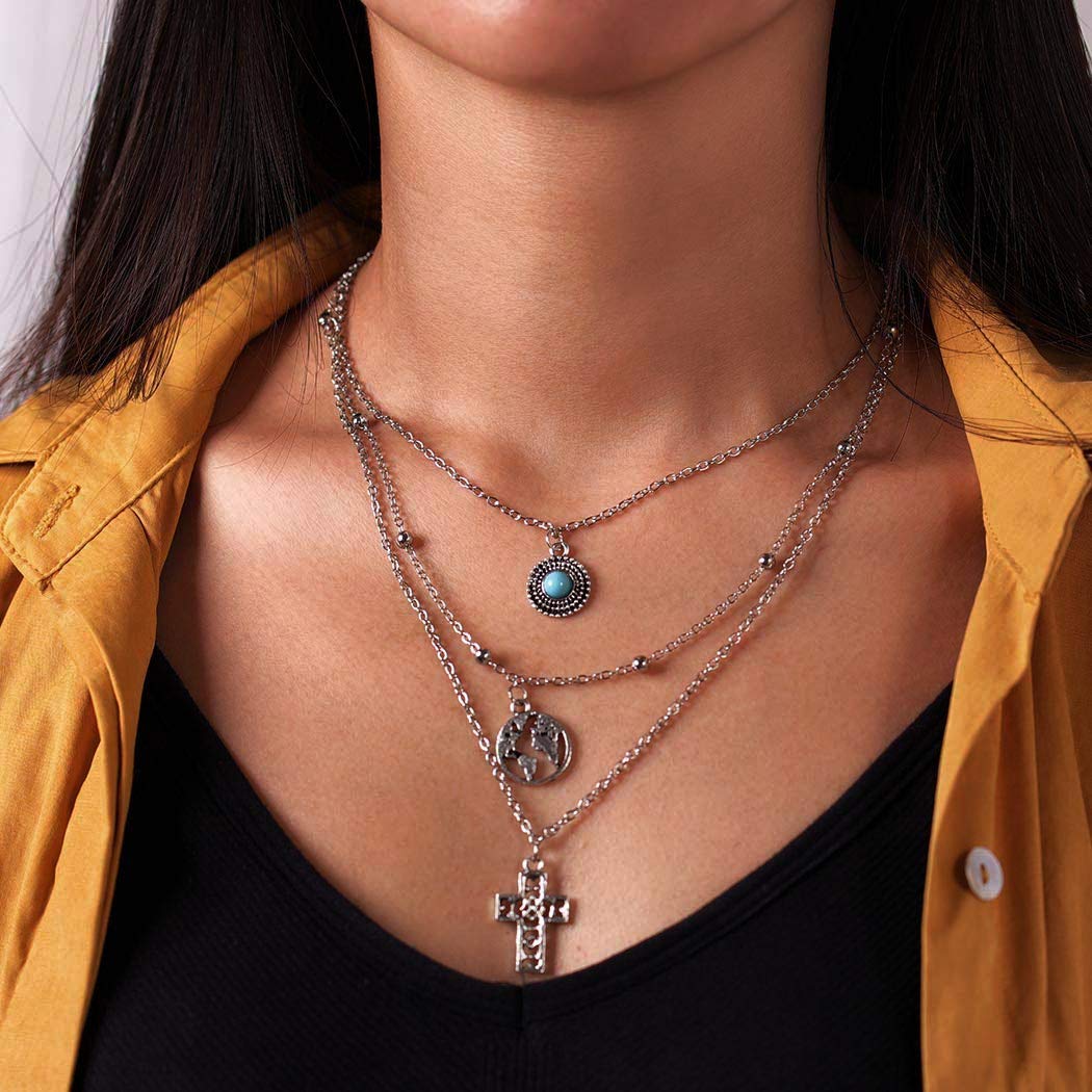 Ckecharfa Layered Turquoise Necklace Silver Cross Necklaces Adjustable Chain Jewelry for Women(A-Silver)