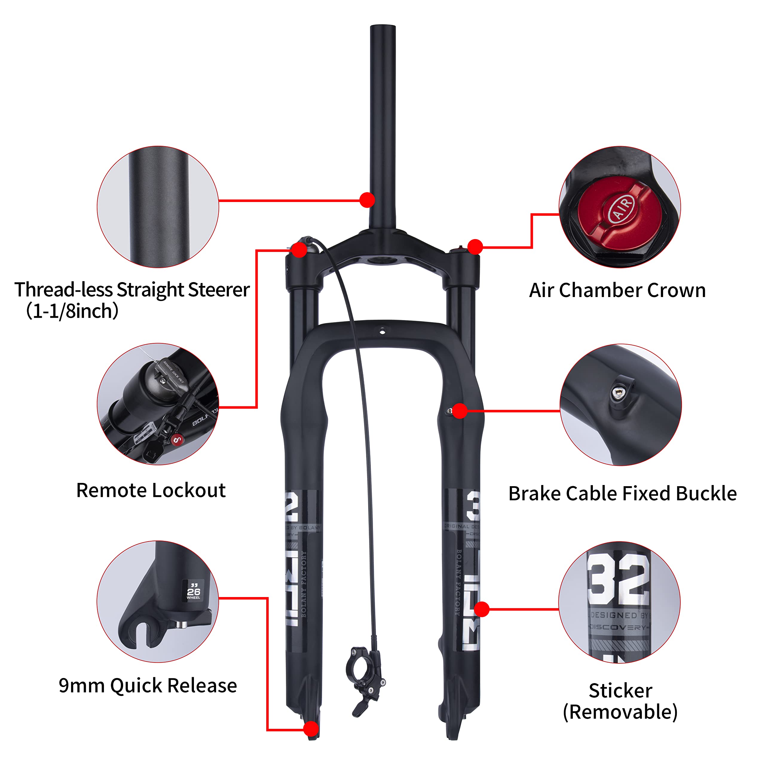 BOLANY Snow Bike Front Fork for A Bicycle 26inch Aluminum Alloy Air Gas Fat Fork Bike for 4.0" Tire Bicycle Accessories