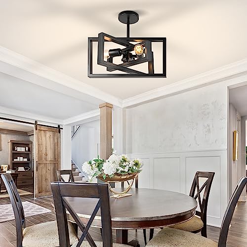 HuisMier 3 Lights Farmhouse Ceiling Light, Rustic Black Semi Flush Mount Ceiling Light Fixture Rectangular Metal Chandelier Lighting for Kitchen Foyer Hallway Bedroom Living Room Bathroom Entrance