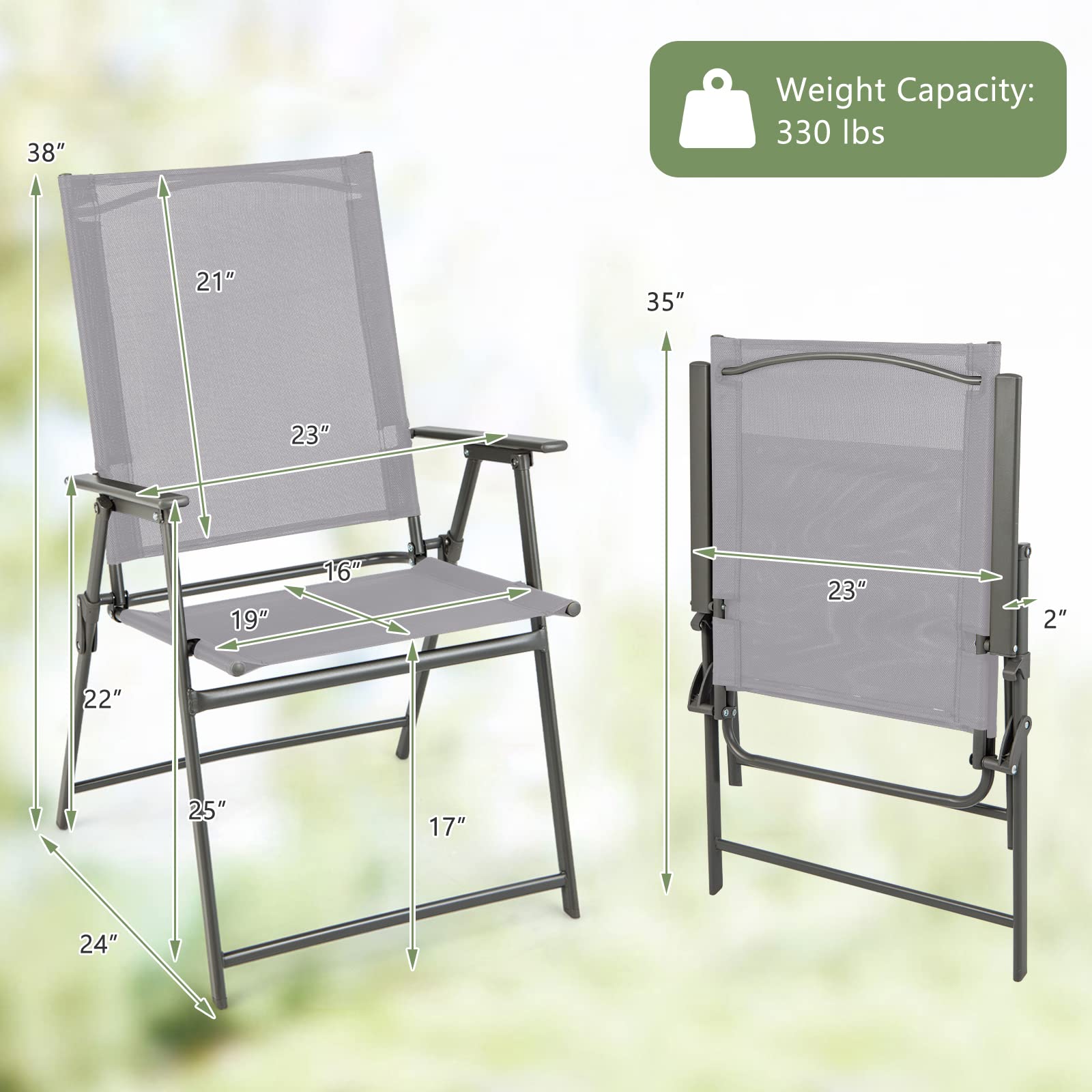 Giantex Patio Folding Chairs Set of 4, Outdoor Lawn Chairs with Rustproof Metal Frame, Portable Dining Chairs for Porch, Deck, Garden, Backyard, Camping, Gray