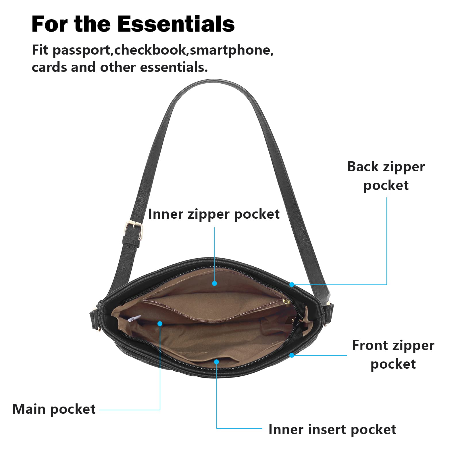 CHOLISS Crossbody Purse for Women, Medium Size Zipper Pocket Women Purse Bag Adjustable Strap,Retro Leather Shoulder Handbag, Black