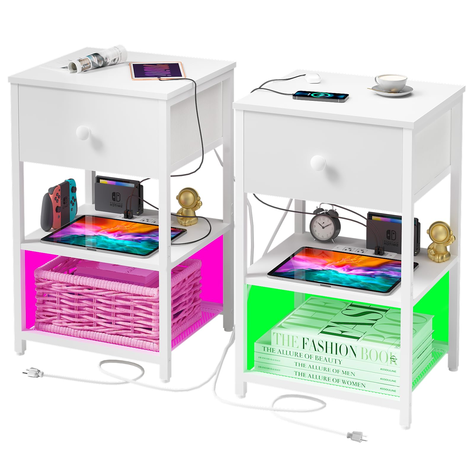 LTTDOUK LED Nightstands Set of 2 with Charging Station, Bedside Tables with USB Ports and Outlets, End Table with Fabric-Wood 2-in-1 Drawer, White Side Table for Bedroom, Living Room