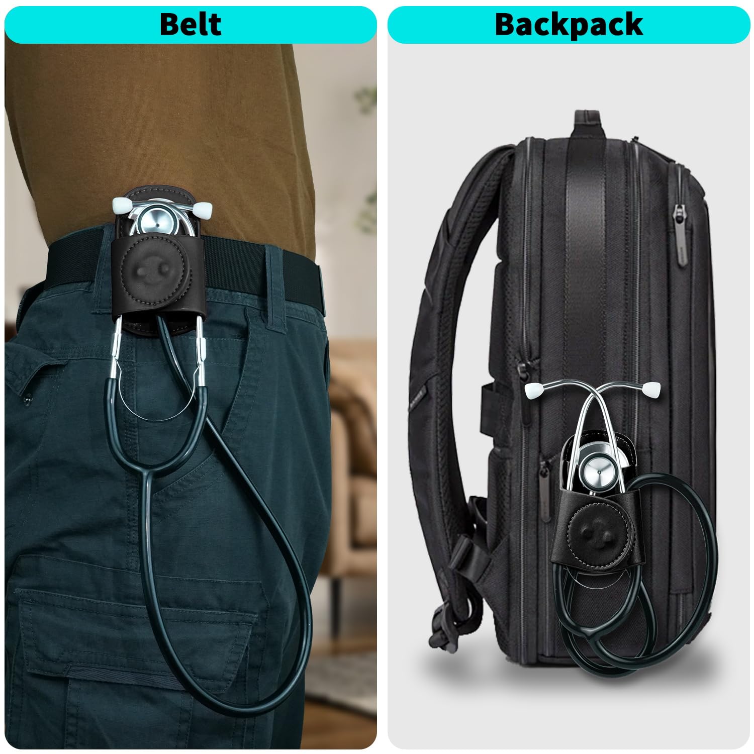 Magnetic Stethoscope Holder for Scrubs, with Leather-Covered Clip for Littmann & Most Stethoscopes, Stethoscope Holder Clip for Scrubs/Belts/Backpacks, Black