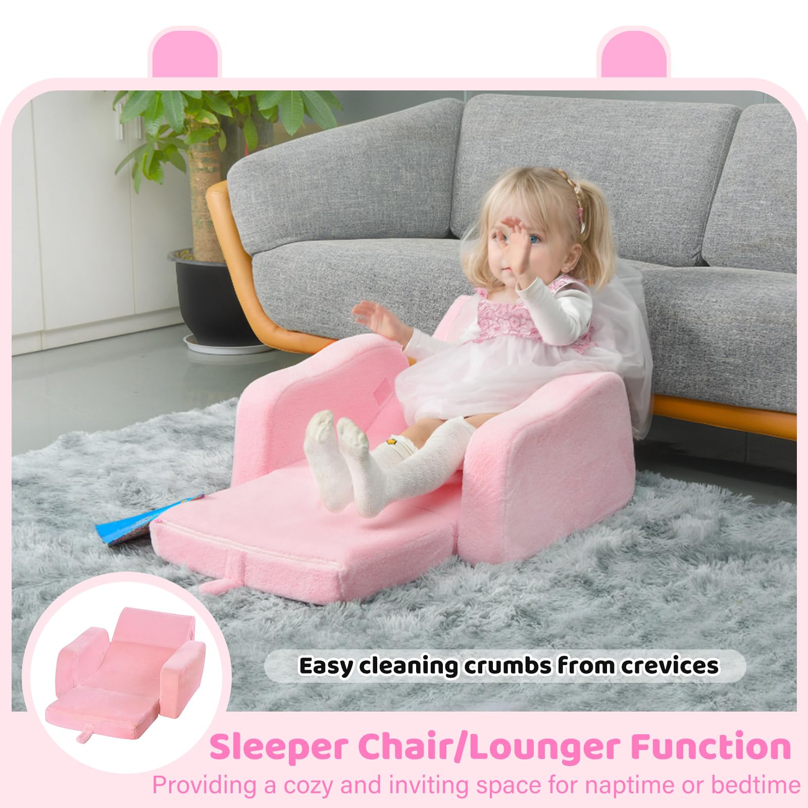 ENITYA Toddler-Couch, Toddler-Chair Fold Out, Pink Kids Sofa, 3-in-1 Convertible Sofa to Bed Comfy for Watching TV/Reading/Gaming/Resting