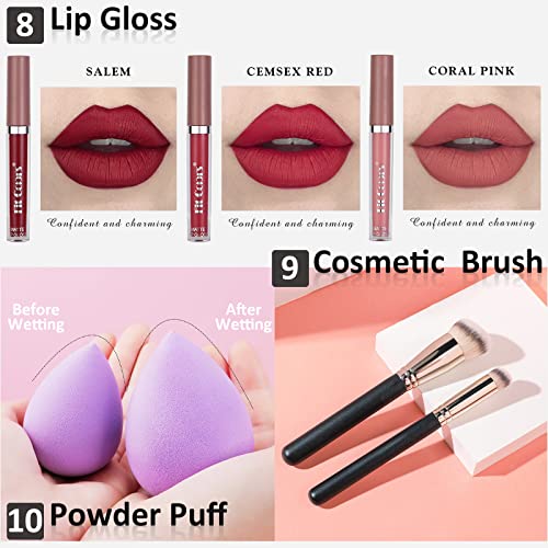 Lookmee All In One Makeup Essential Starter Kit for Beginners or Pros, 18 Colors Naked Eyeshadow Palette Nude Face Primer, Brush, Sponge, Eyebrow Powder, Winged Eyeliner Stamp (SetA)