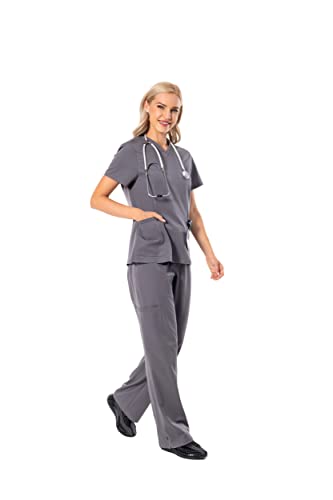 PuriPure Athletic Scrub Set for Women 4-Way Stretch V-Neck Scrub Top with 2 Pockets & cargo Scrub Pant with 5 Pockets (Large, Grey)