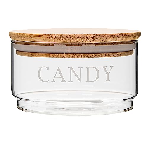 Glass Candy Dish with Bamboo Lid Small Candy Bowl Decorative Cookie Jar Clear Salad Bowl Buffet Storage Container for Home Kitchen Coffee Table Office Desk and Party Wedding ( Diameter: 4.33 Inch )