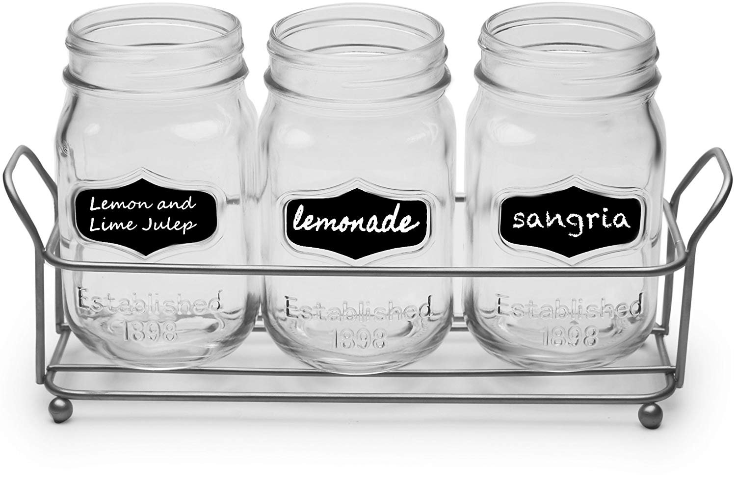 Circleware Chalkboard Mason Jar Glasses with Metal Holder Stand, Set of 4, Home & Kitchen Farmhouse DƩcor Drink Tumblers for Water, Beer and Beverages, 17 oz, 69075