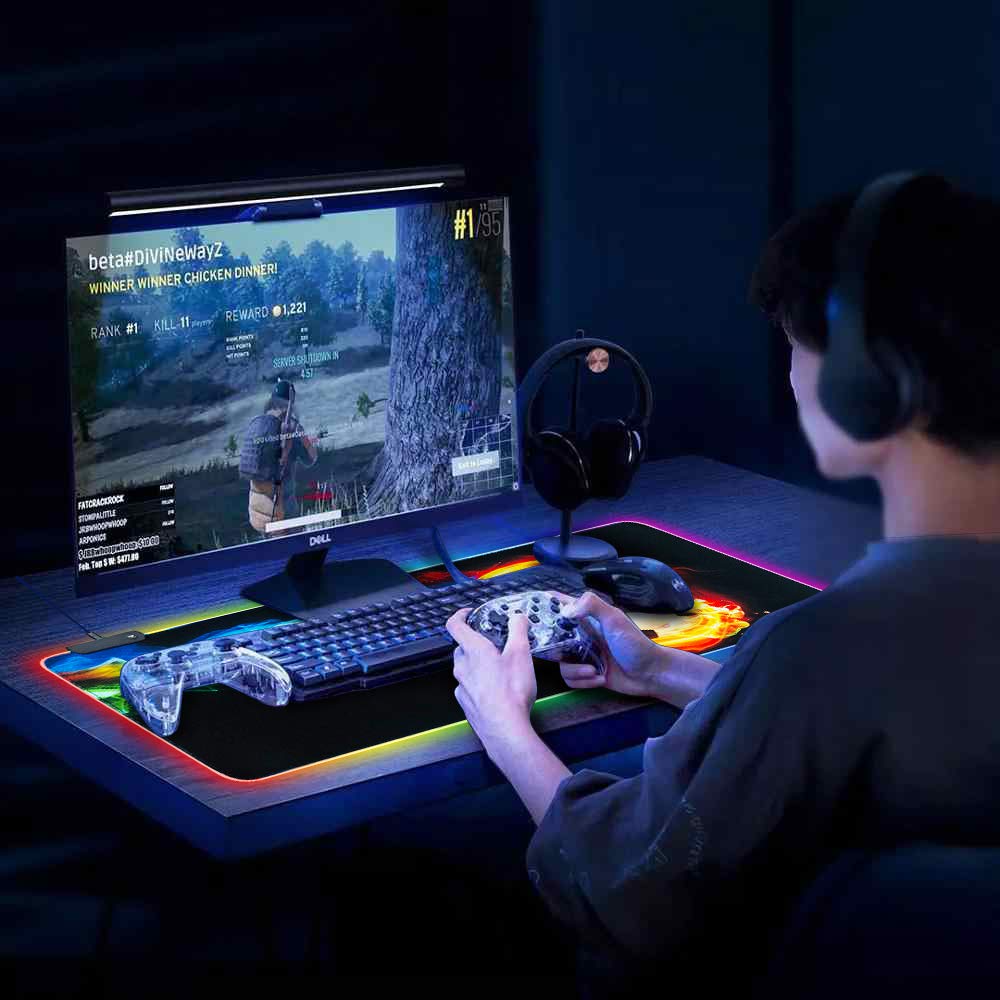 Large RGB Gaming Mouse Pad - Big Gaming Led Mouse Pad Smoothly Waterproof Surface XXL Mouse Pad with Anti-Slip Rubber Base Stitched Edge Mouse Pad for Keyboard,31.5"x12"x0.15"(Flame Soccer)