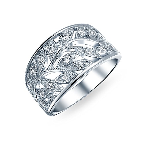 Bling Jewelry Boho Pave Cubic Zirconia Open Filigree Wide Leaves Leaf Band Ring For Women .925 Sterling Silver