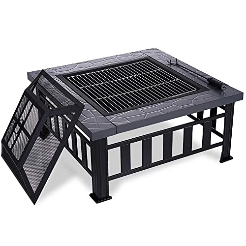 EZCHEER 34" Outdoor Fire Pit 3 in 1 Metal Square Firepit Wood Burning Bonfire Stove for Backyard Patio Garden with Grill, Spark Screen, Log Poker, Cover