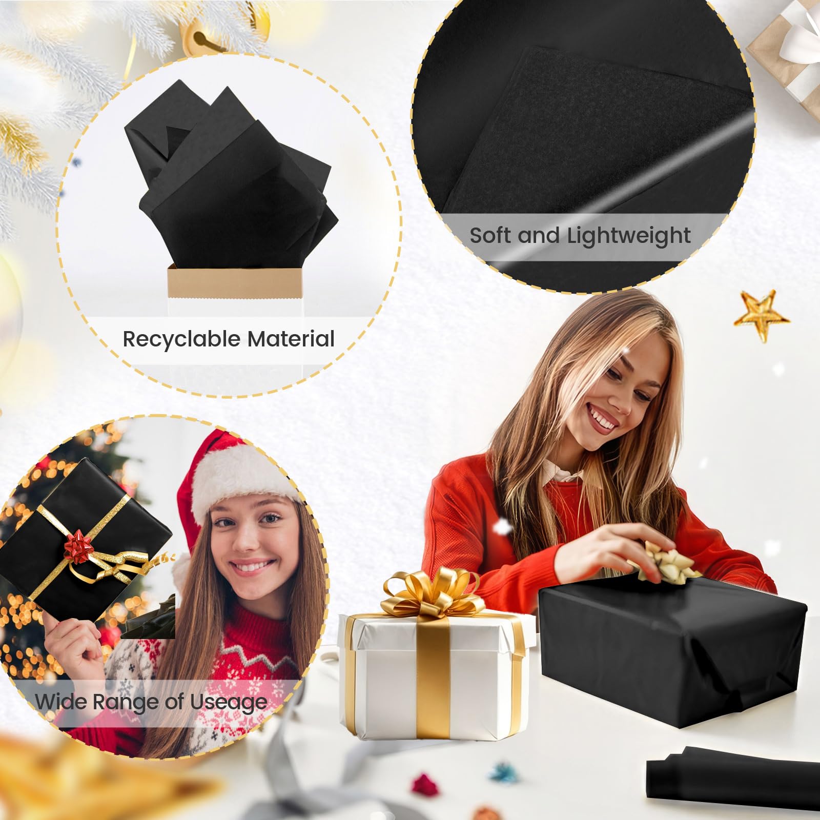 Hlonon Black Tissue Paper for Gift Bags - 30 Sheets of Black Wrapping Tissue Paper Bulk Packaging Paper for Weddings Birthday DIY Project Christmas Gift Wrapping Crafts Decor (14 x 20 Inch)