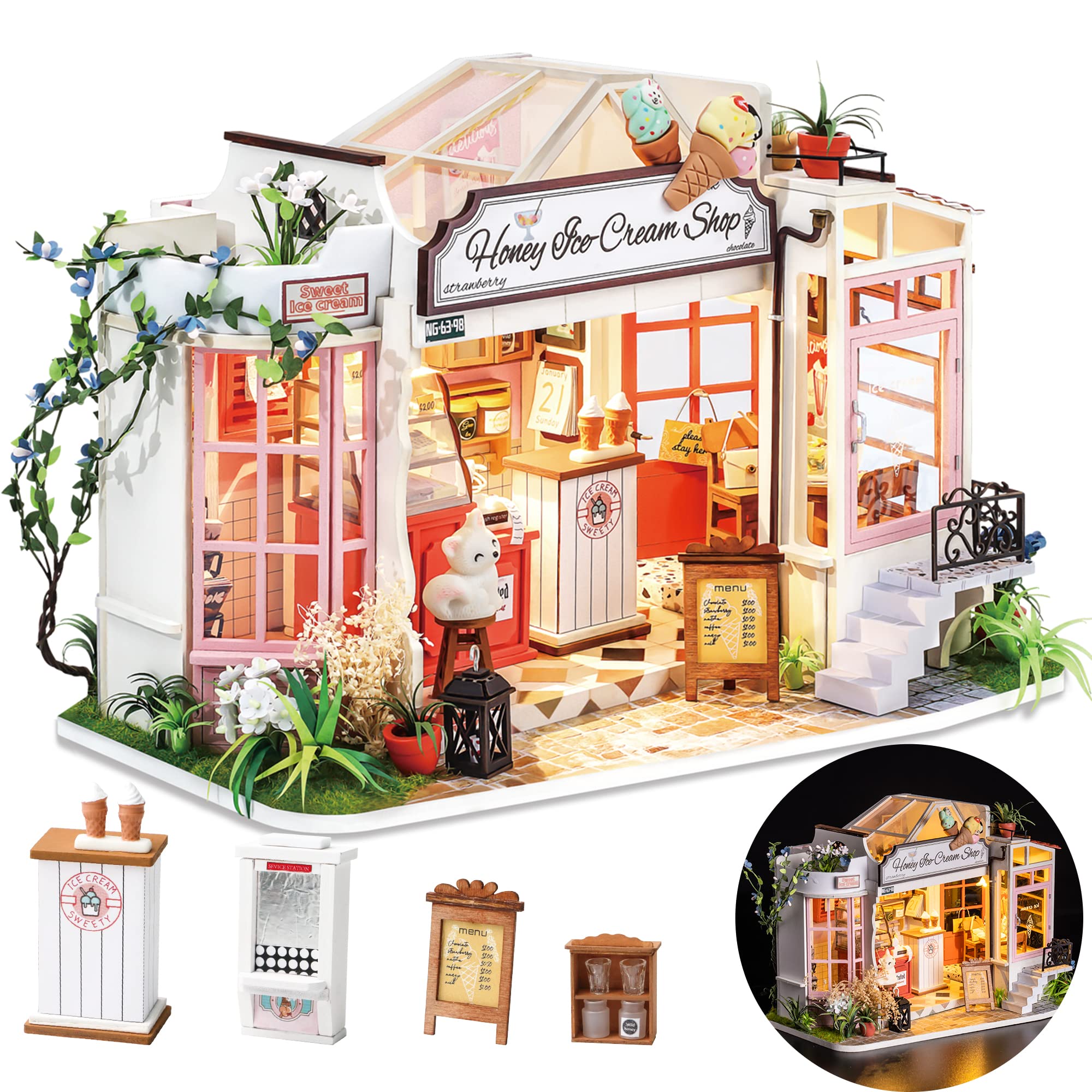 Rolife DIY Miniature Dollhouse Kit for Adults to Build Tiny House Model Gift for Family and Friends (Ice Cream Store)