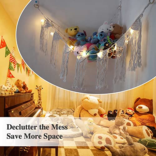 Stuffed Animal Net or Hammock with LED Light - Stuffed Animal Storage Toy Hammock for Wall - Hanging Corner Net with Boho Macrame Tassels, Plush Toy Net Hammock for Kids Bedroom Decor (41*41*57)