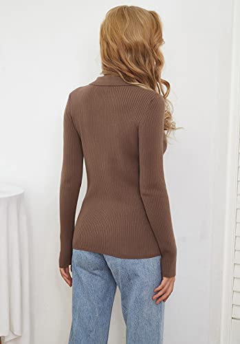 Kate Kasin Womens Polo Long Sleeve Sweater Scalloped V Neck Knit Tops Solid Ribbed Lightweight Pullover Shirts Coffee XL