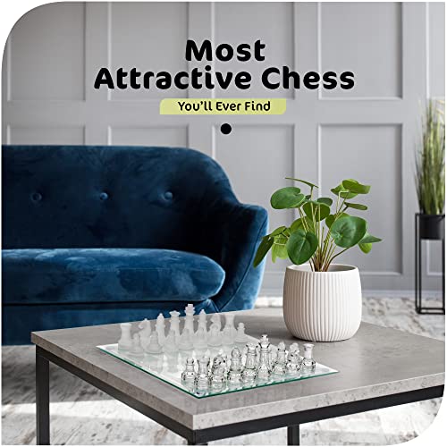 Srenta Fine Glass Chess Set Game, Modern Clear Chess Set, Deluxe Chess Set Glass Chess Board Set with Solid Clear & Frosted Chess Glass Pieces | 9.7’’ Crystal Chess Boards Sets, Felt Padding Included