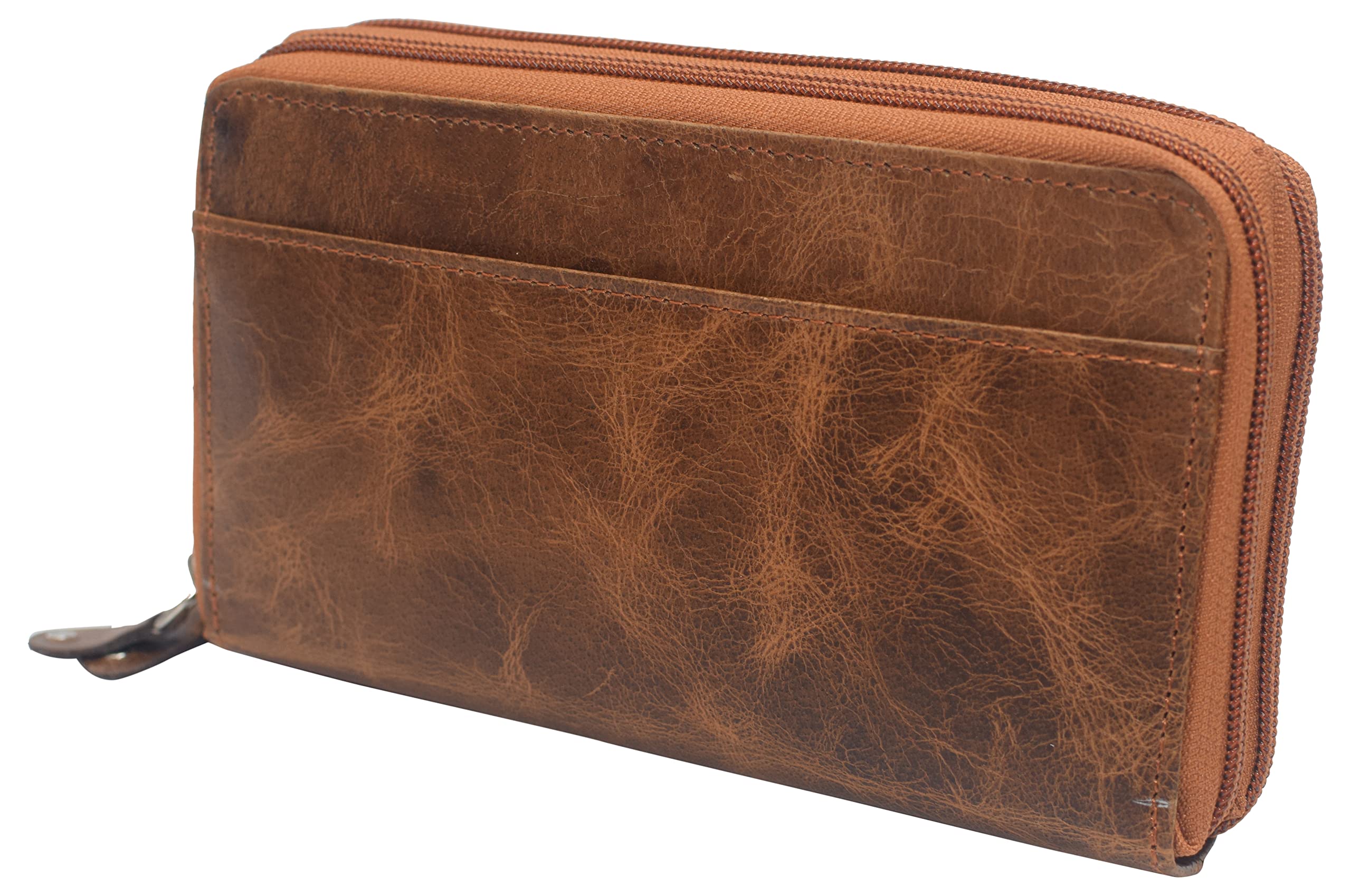 Cavelio USA Women's RFID Blocking Real Leather Large Capacity Double Zip Around Wallet Phone Holder Clutch Travel Purse Gift Box (Tan)