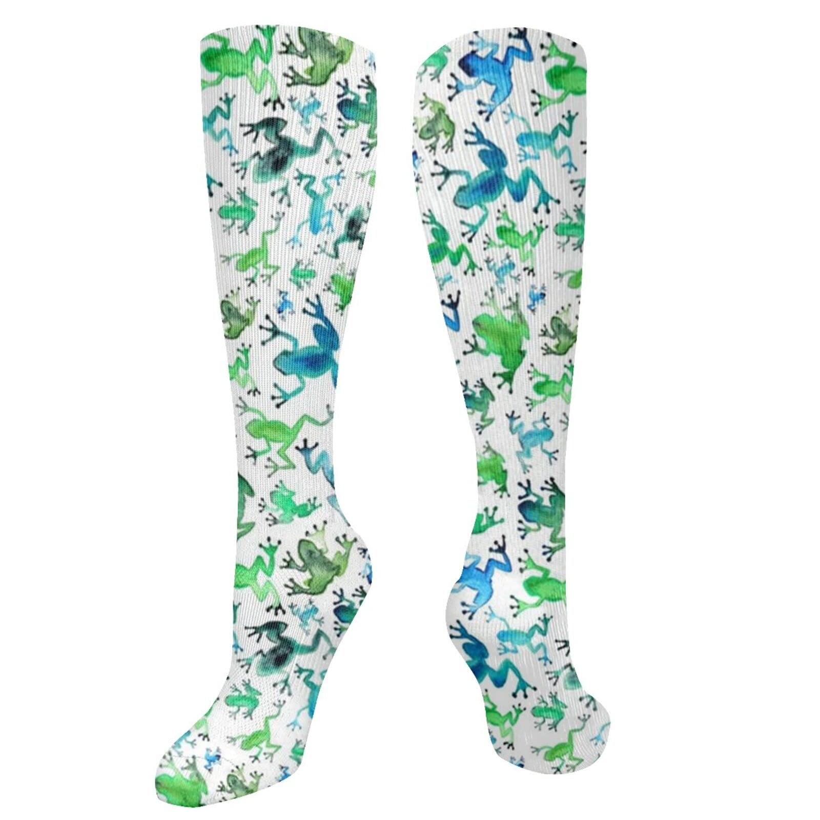 chegna Green Blue Tree Frogs Compression Socks for Women & Men Circulation 15-20 mmHg is Best Support for Athletic Running Cycling, White, One Size (10463)