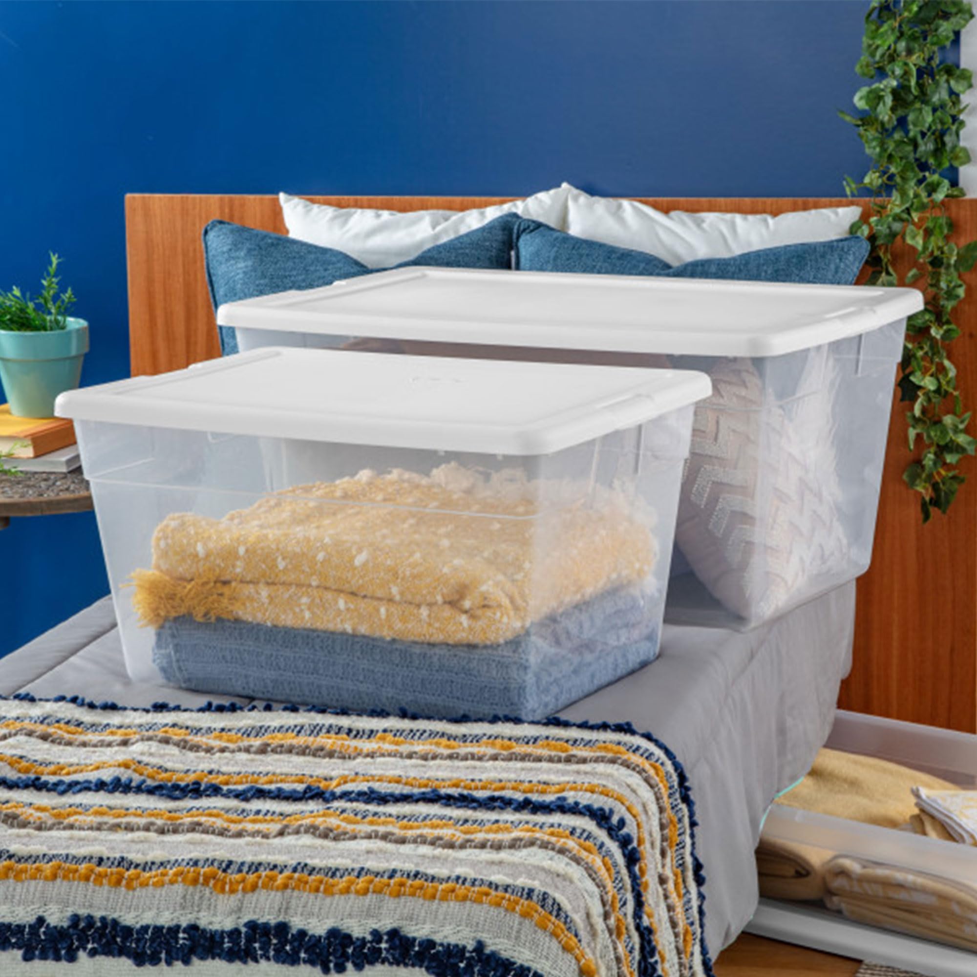 Sterilite 90 Qt Storage Box, Stackable Bin with Lid, Plastic Container to Organize Clothes, Blankets, Towels in Closet, Clear with White Lid, β29.75"L x 13.5"W x 18.75"H, 4-Pack