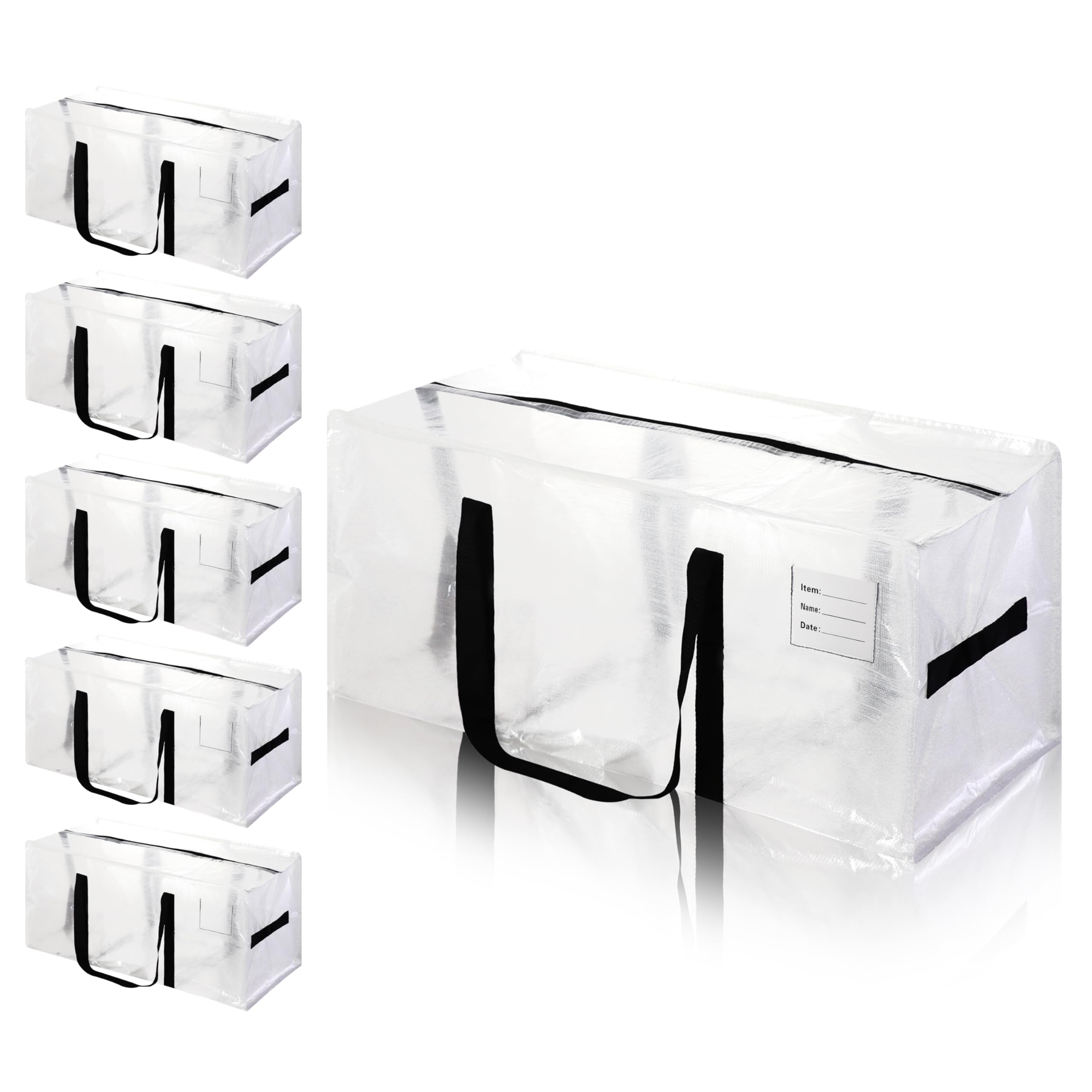 huichuan 6 Pcs Reusable Clear Large Moving Bags, Thick Material Storage Bags with Black Side Handles & Tag Pocket, 28.7"x14.2"x13" Storage Totes for Clothes Storage, College Dorm, Moving Supplies