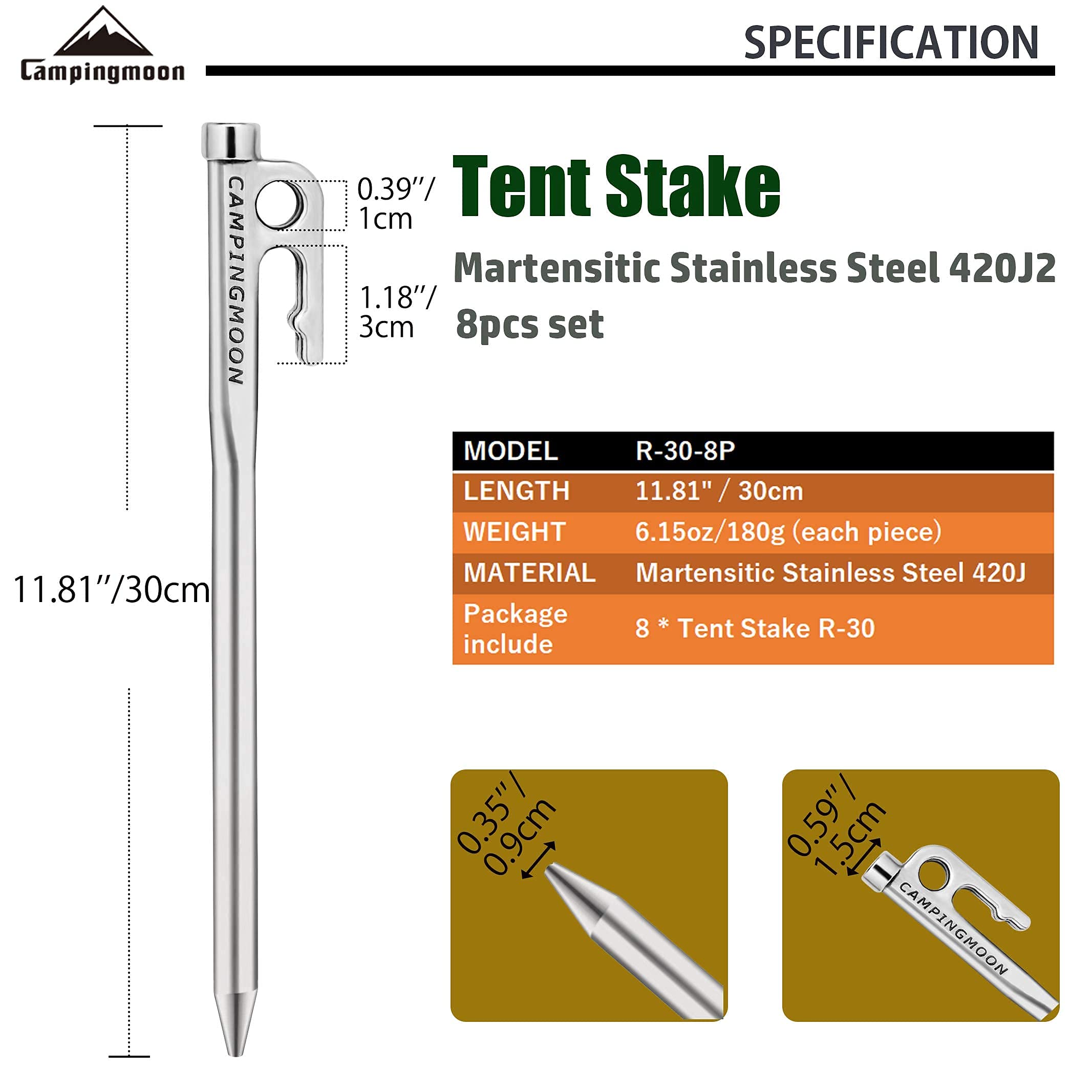 CAMPINGMOON 8pcs of 11.8-inch Martensitic Stainless Steel 420J2 Tent Stakes with Storage Bag