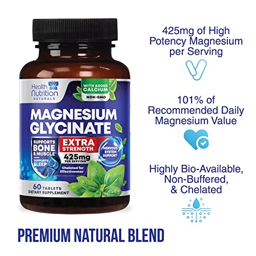 Magnesium Glycinate 425 mg with Calcium - Max Absorption Magnesium Tablets for Muscle, Nerve, Bone & Heart Health Support, Minor Muscle Cramp Support - Non-GMO, Vegan Supplement - 60 Tablets