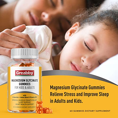 Magnesium Glycinate Gummies with Vitamin B12 - Magnesium Gummies chewable for Kids & Adults, L-Theanine for Cognitive, Magnesium Glycinate for Stress Relief, Sleep Support & Muscle Cramps(60Count)