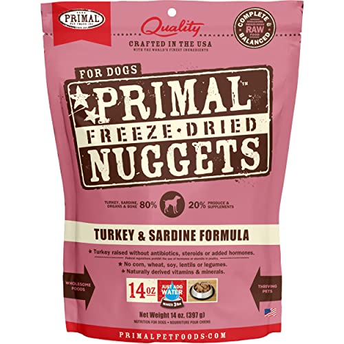 Primal Freeze Dried Dog Food Nuggets Turkey & Sardine 14 oz, Complete & Balanced Scoop & Serve Healthy Grain Free Raw Dog Food, Crafted in The USA